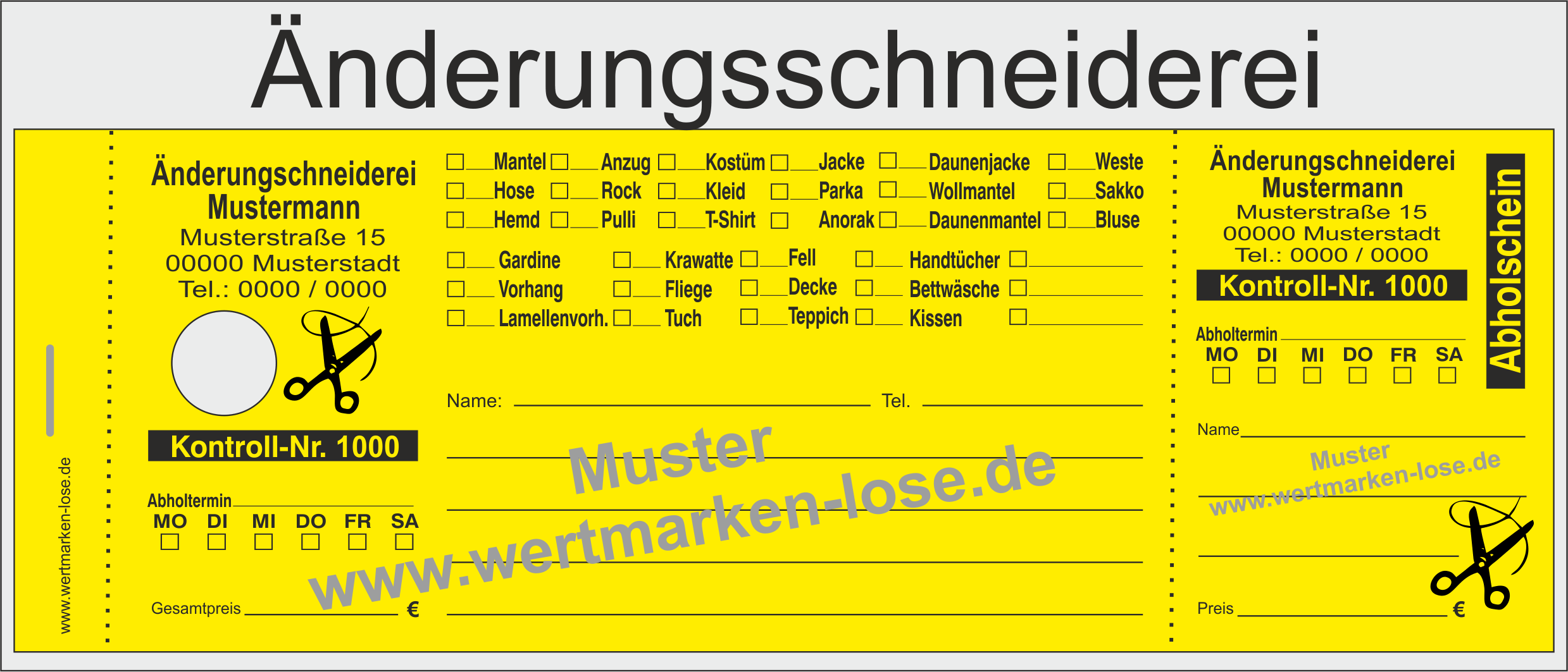 Wertmarken-Lose - 1000 Abholscheine Perfekt 7.0 "Änderungsschneiderei ...