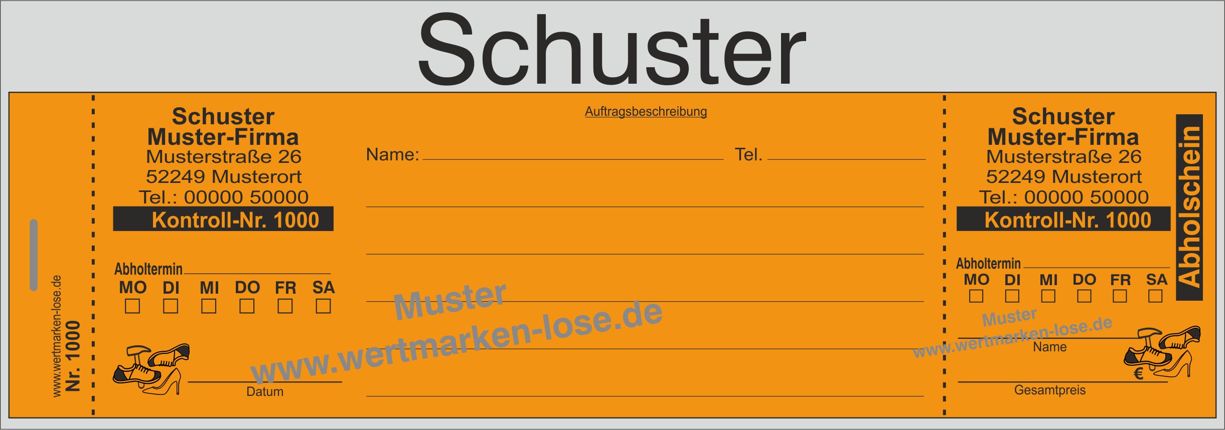 Wertmarken-Lose - 1000 Abholscheine "Schuster-Reparatur", individuell ...