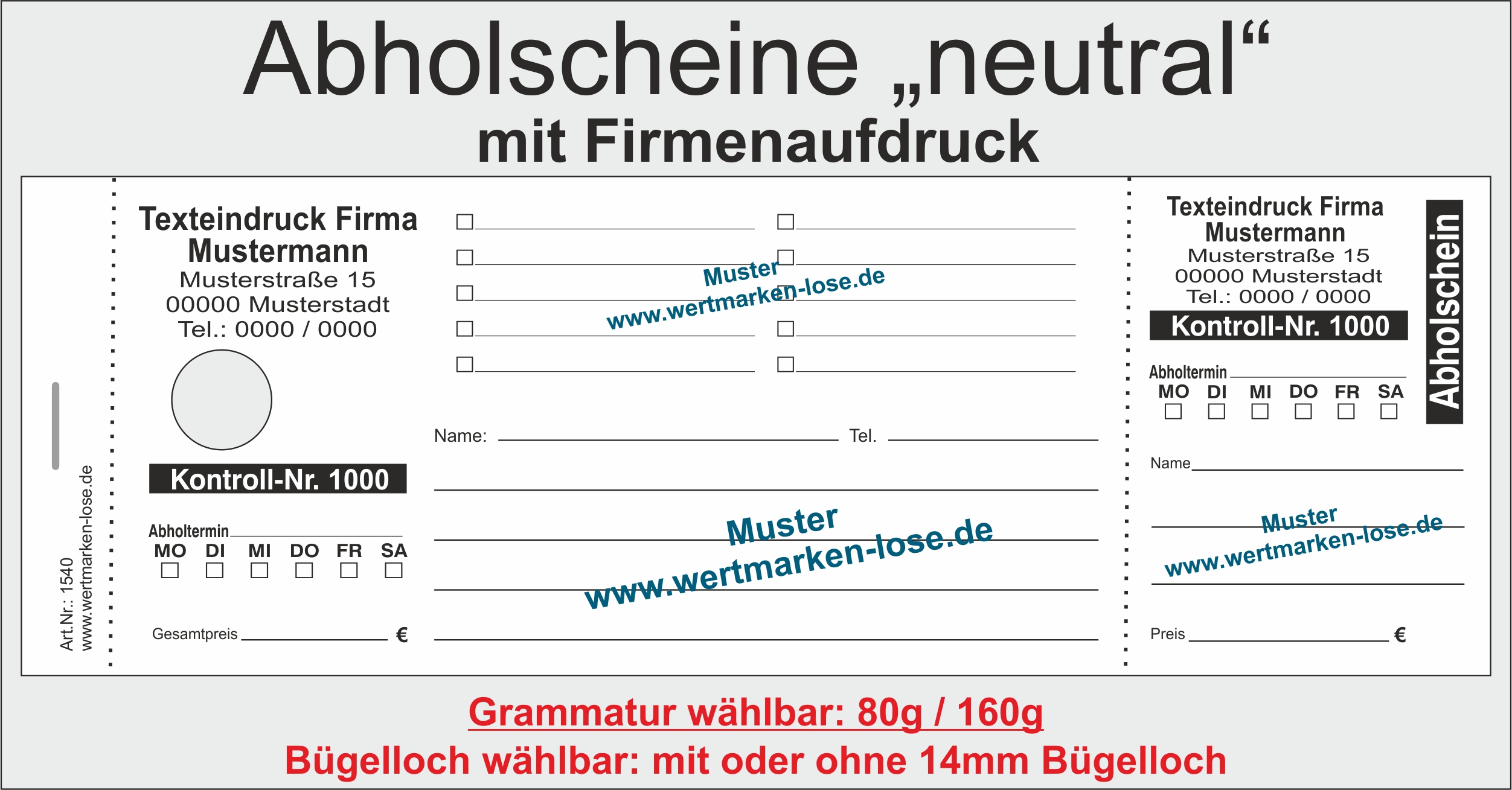 Wertmarken-Lose - 1000 Abholscheine Perfekt 7.0 "neutral", mit ...