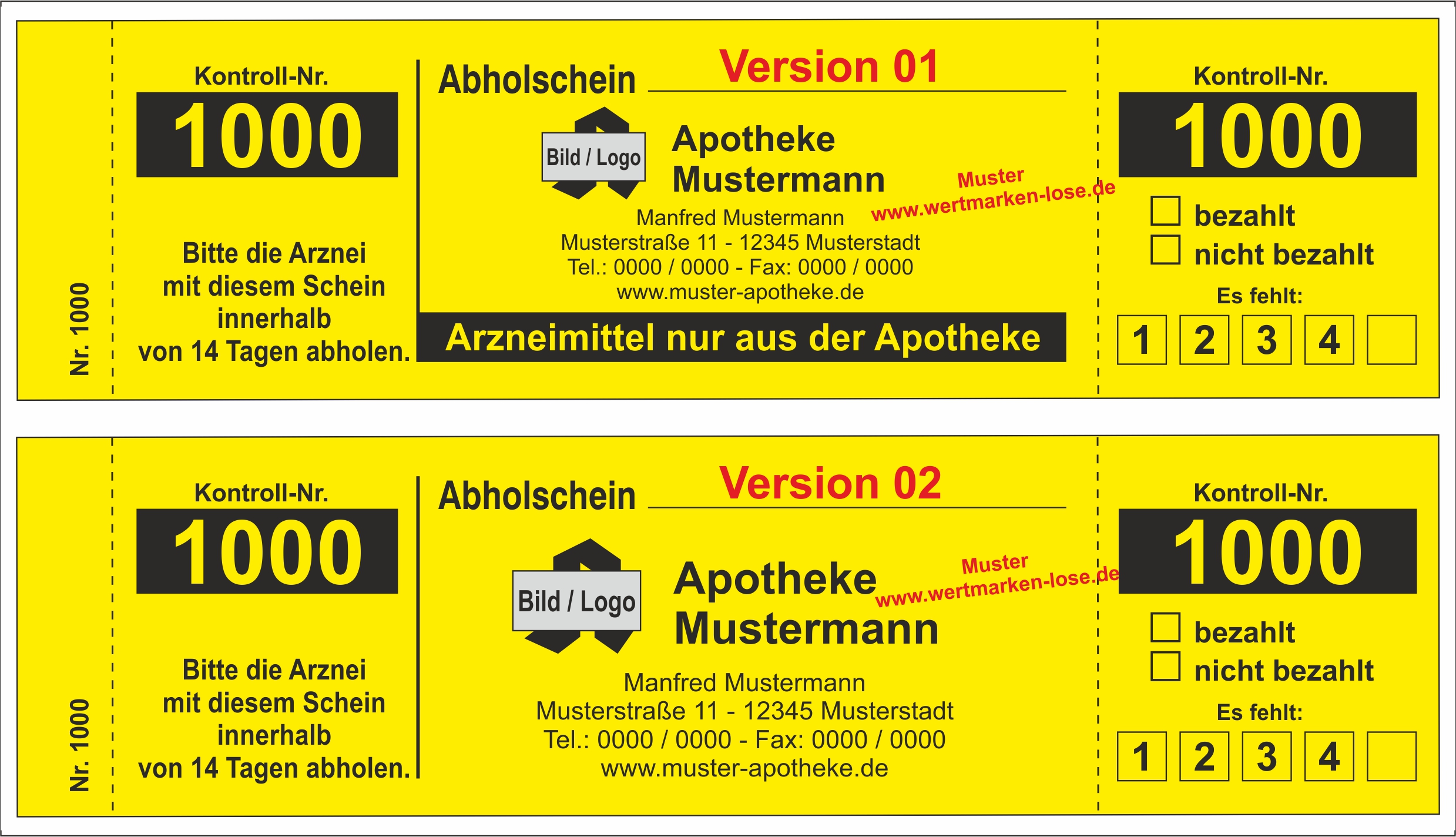 Wertmarken-Lose - 1000 Abholscheine "Apotheke", individuell, Logo ...